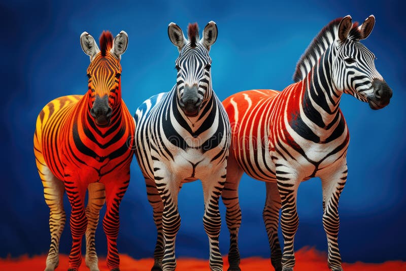 Three Zebras Standing Next To Each Other on a Blue Background Stock ...