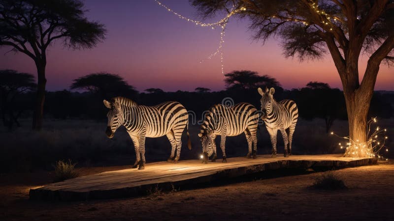 Three Zebras at Night on a Lit Wooden Platform Under a Starlit Sky ...