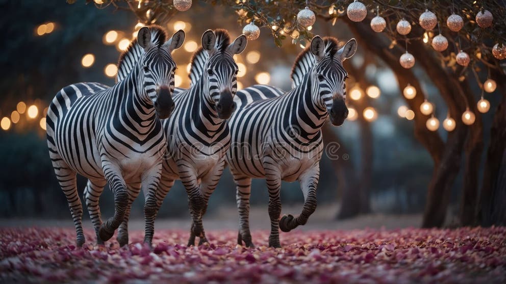 Three Zebras Walking Underneath Twinkling Lights at Night Stock ...
