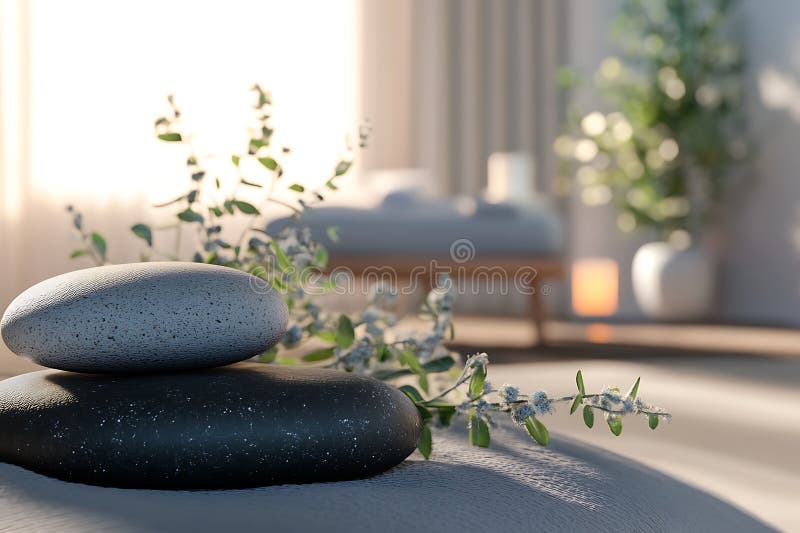 Three Zen Stones with Greenery in a Serene Indoor Setting Stock ...