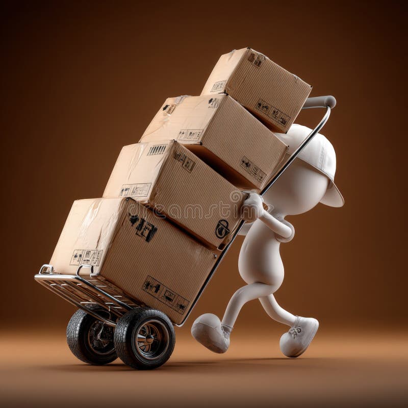 A Threedimensional Man is Pushing a Hand Truck Loaded with Boxes Stock ...