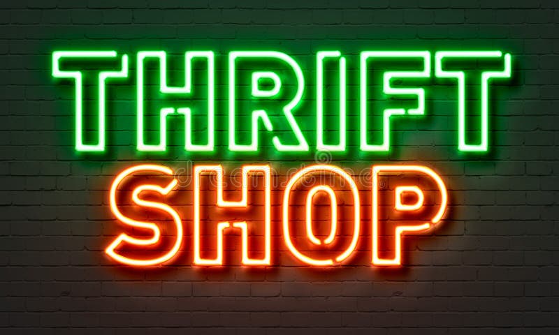 Thrift Shop Neon Sign On Brick Wall Background. Stock Image - Image of ...
