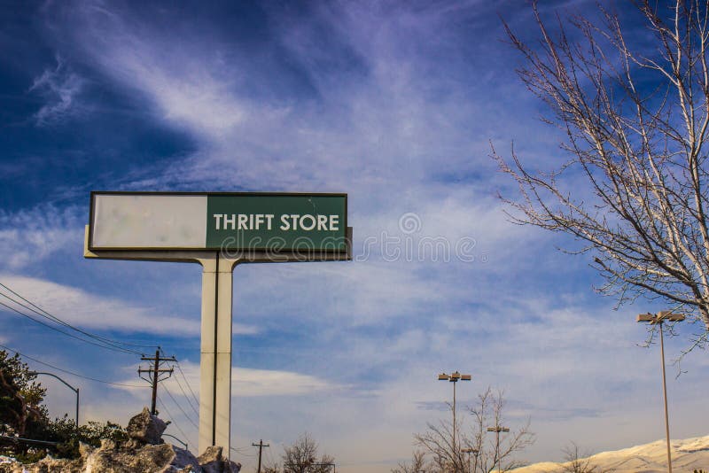 Thrift Store Sign in Winter Stock Photo - Image of shop, posted: 86131376