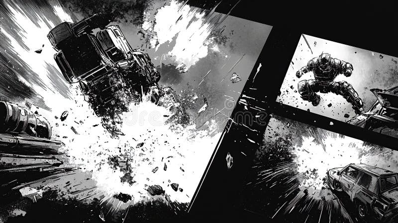 Dynamic Black and White Comic Book Explosion Sequence with Action ...