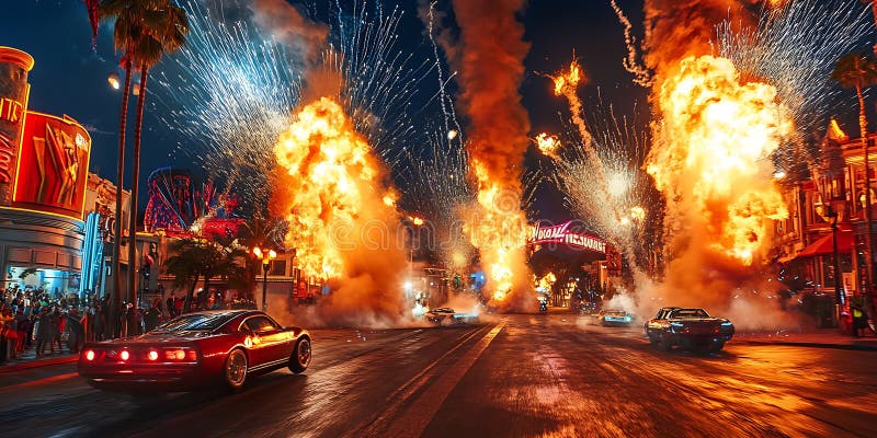 Thrilling Hollywood Stunt Show Night with Fire and Explosions Stock ...