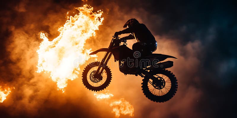 Thrilling Motorcycle Stunt Show with Fire and Flips Stock Illustration ...
