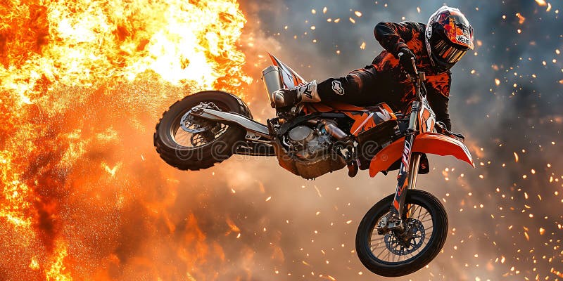 Thrilling Motorcycle Stunt Show with Fire and Flips Stock Illustration ...