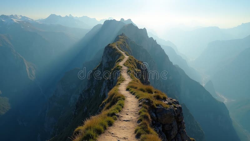 Thrilling Mountain Ridge Path with Sheer Cliffs and Endless Sky Stock ...