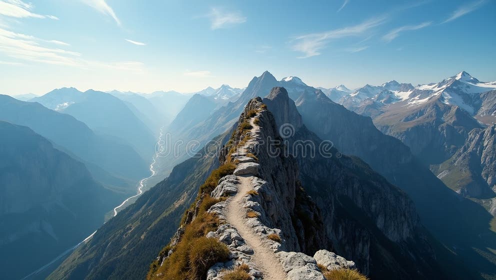 Thrilling Mountain Ridge Path with Sheer Cliffs and Endless Sky Stock ...