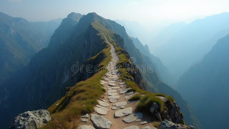 Thrilling Mountain Ridge Path with Sheer Cliffs and Endless Sky Stock ...