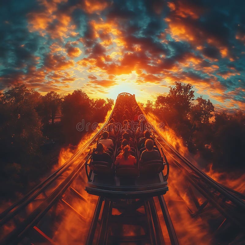 Thrilling Roller Coaster Ride Against Vibrant Sunset Sky and Dramatic ...