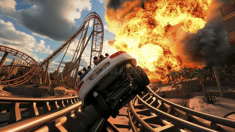 Thrilling Roller Coaster Ride Amid Explosive Action Amusement Park ...