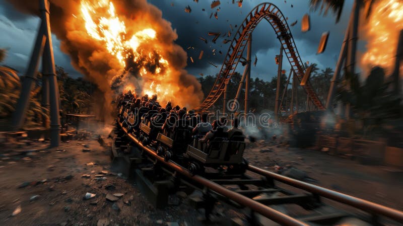 Thrilling Roller Coaster Ride Amid Explosive Action Amusement Park ...