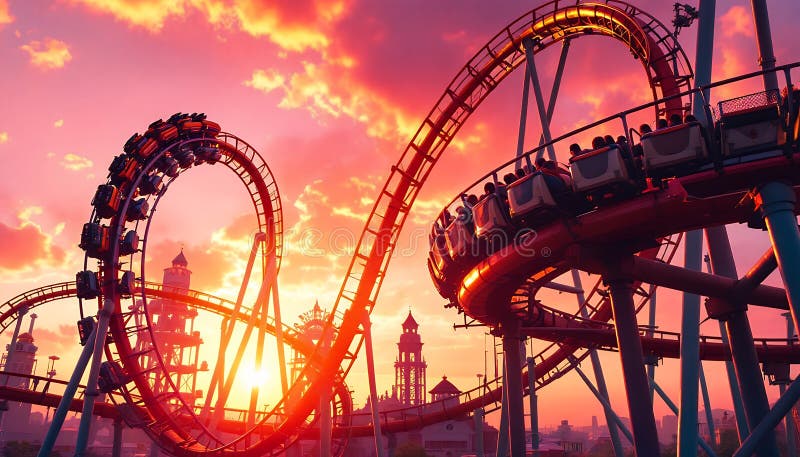 Rollercoaster Sunset Ride: Thrilling Adventure at Amusement Park Stock ...