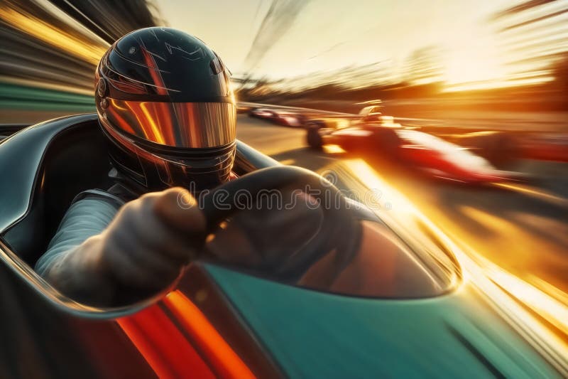 Intense Formula Racing at Sunset with Speeding Cars Stock Photo - Image ...