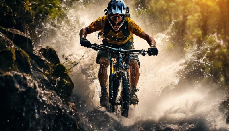 Extreme Mountain Biker Riding through Powerful Waterfall Stock Photo ...
