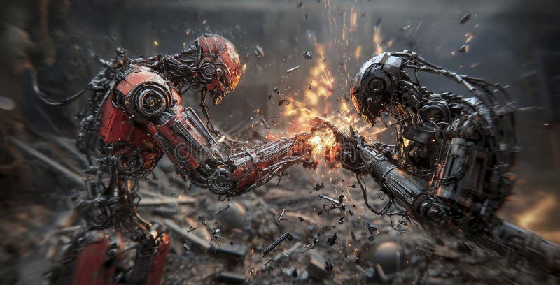 Combat Robots Clash in Dramatic Lighting Urban Ruins Digital Art ...