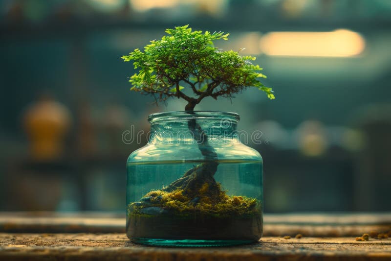 A Thriving Tree in a Glass Container Defying Gravity AI Generated Stock ...