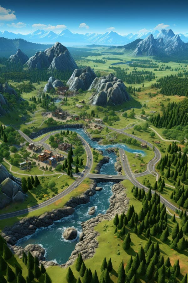 A Thriving Valley Town with a River and Mountainous Terrain Generated ...
