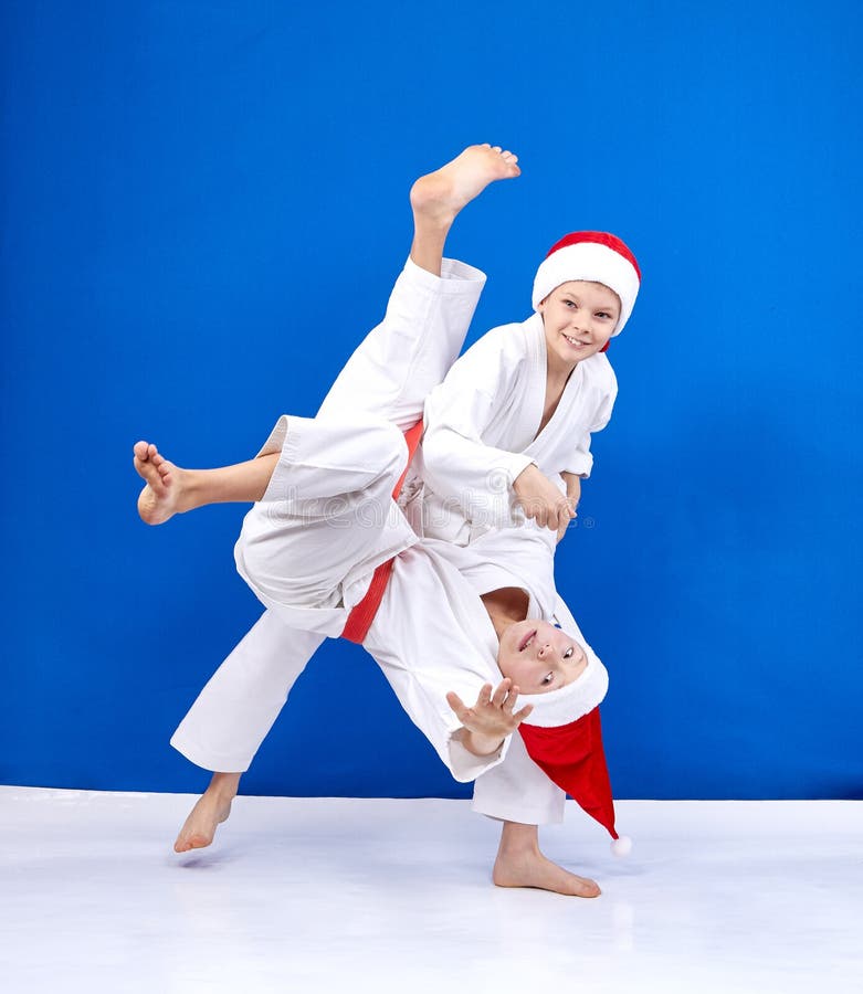 Throws of Judo are Training Boys in Caps of Santa Claus Stock Photo ...