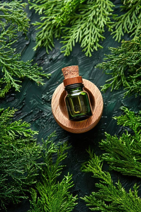 Thuja Essential Oil and Mortar Top View. Selective Focus Stock Photo ...