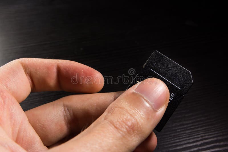 Thumb Holding SD Card Black Blank Object Using Work Computer Stock ...