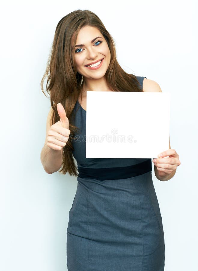 Thumb Up. Smiling Business Woman Hold White Advertising Board. Stock ... Thumb Up. Smiling Business Woman Hold White Advertising Board. Stock ...