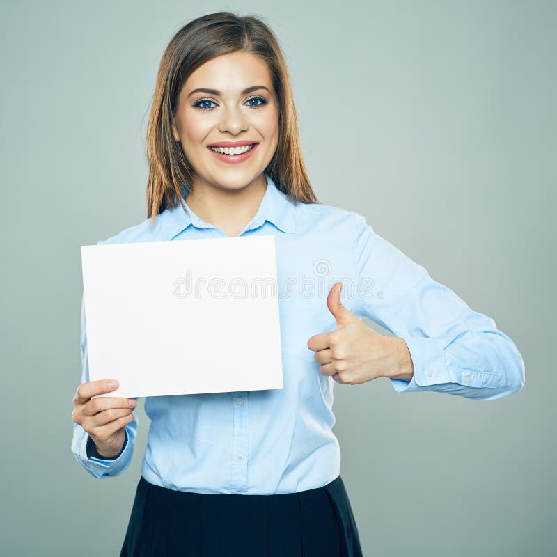Thumb Up. Smiling Business Woman Hold White Business Board Stock Photo ... Thumb Up. Smiling Business Woman Hold White Business Board Stock Photo ...