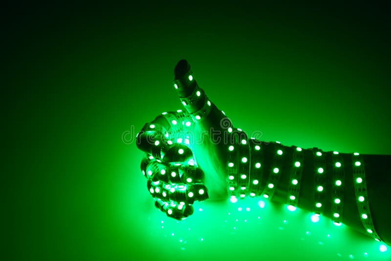 Thumbs Up Hand Covered with Green Led Lights, Illuminated Background ...