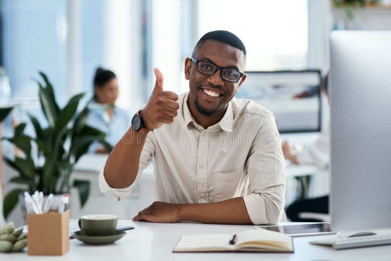 Thumbs Up, Notes and Portrait of Black Man in Office, Digital Agency or ...