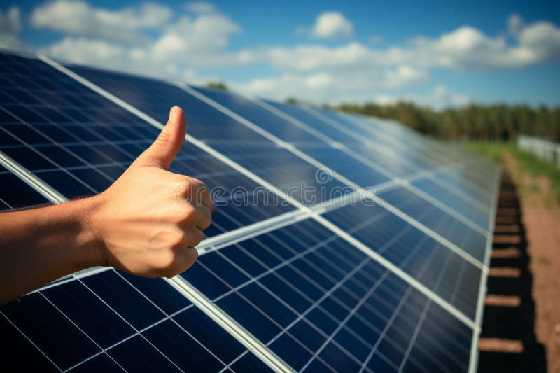 Thumbs Up for Solar Panels Symbolizing Standard Usage in Renewable ...