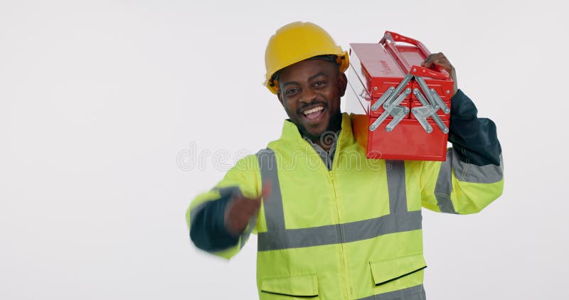 Thumbs Up, Tool Box and Face of Man Construction Worker in a Studio ...