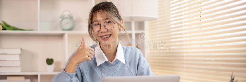 Thumbs Up, Woman Typing in Front of a Laptop, Hand Pressing Laptop ...