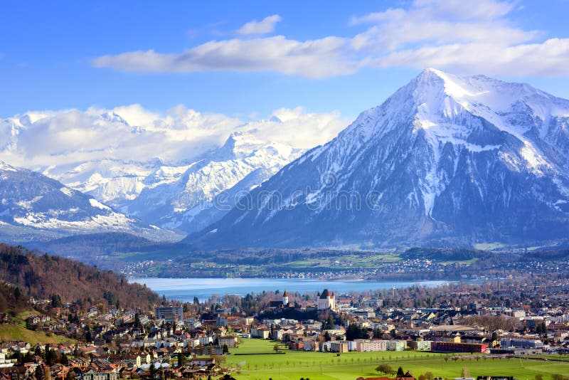 Thun lake view in winter stock photo. Image of boat, snow - 46185346