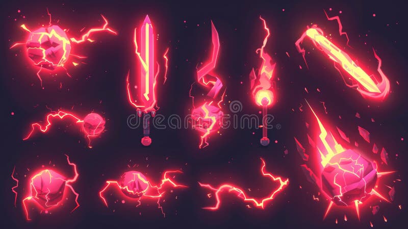 Thunder Game Lightning Effect Modern Set. Magic Red Neon Effect ...