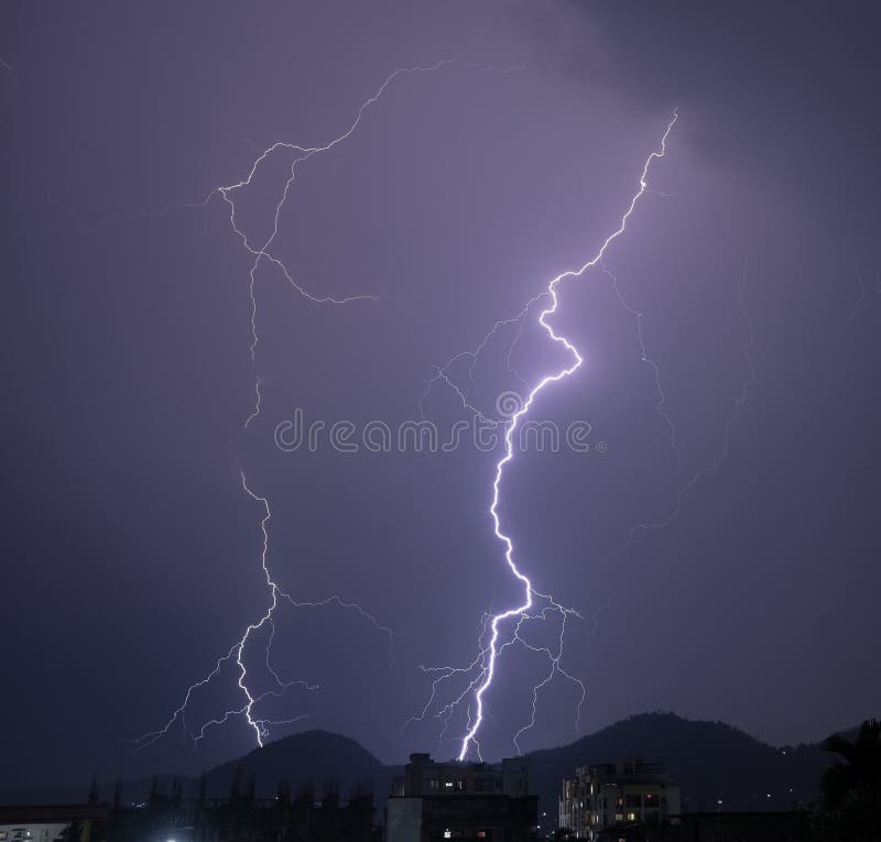 Thunder Light Striking Over a Mountain . Heavy Rainfall . Thunderstorm ...