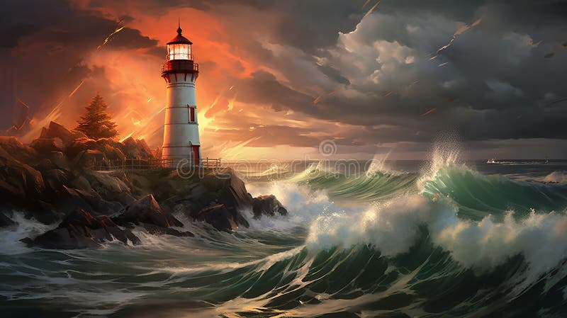 Thunder Lighting and High Waves Surround a Light. Generative AI Stock ...