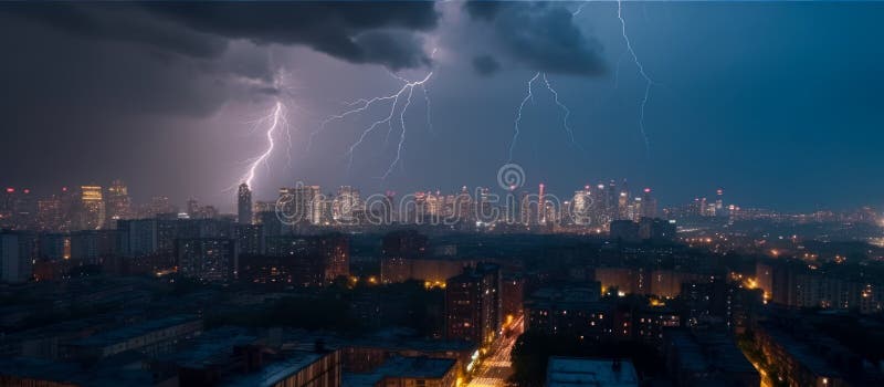 Thunder and Lightning in the Night Sky of the City Generative Ai Stock ...
