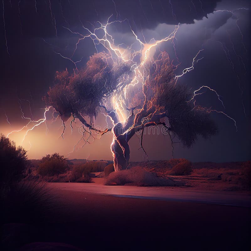 Thunder and Lightning Storm Striking a Tree Over the Mountains Stock ...