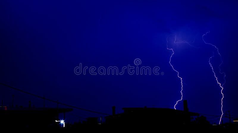 Thunder in the Night with Blue Color and Trees Stock Image - Image of ...
