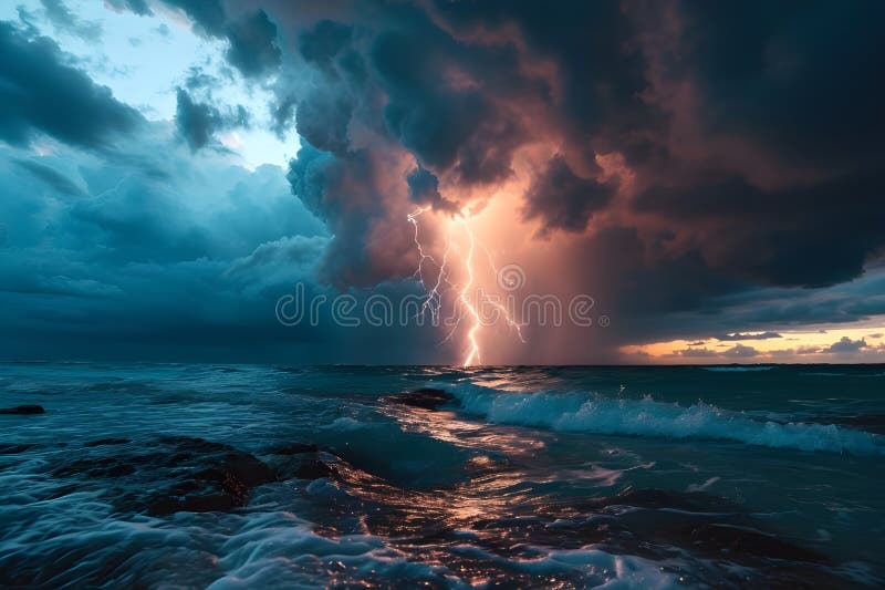 Thunder over the sea stock illustration. Illustration of storm - 302215321