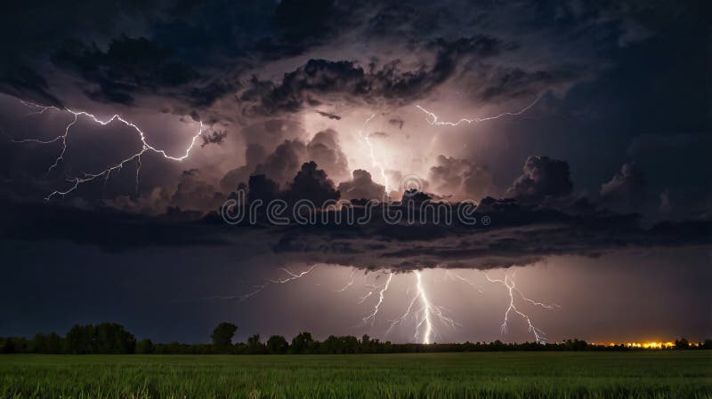 Thunder Storm Clouds with Lightning Strikes Across the Fields, Summer ...