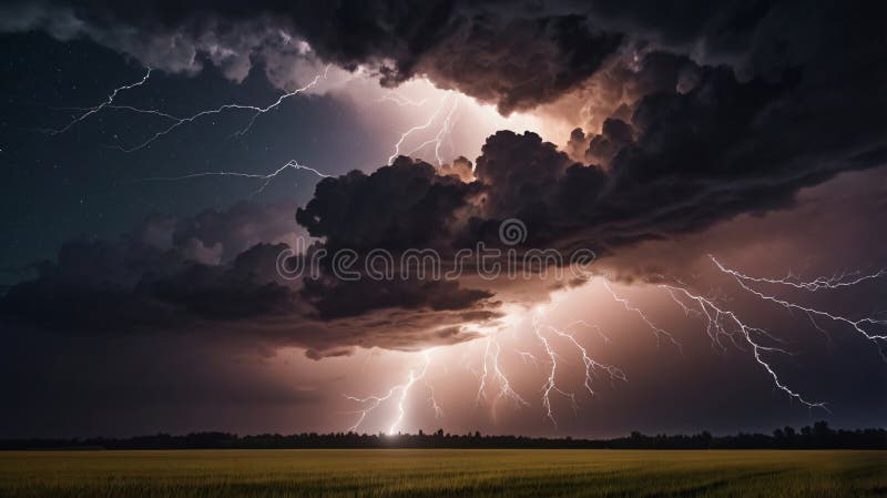 Thunder Storm Clouds with Lightning Strikes Across the Fields, Summer ...