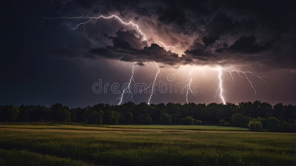 Thunder Storm Clouds with Lightning Strikes Across the Fields, Summer ...