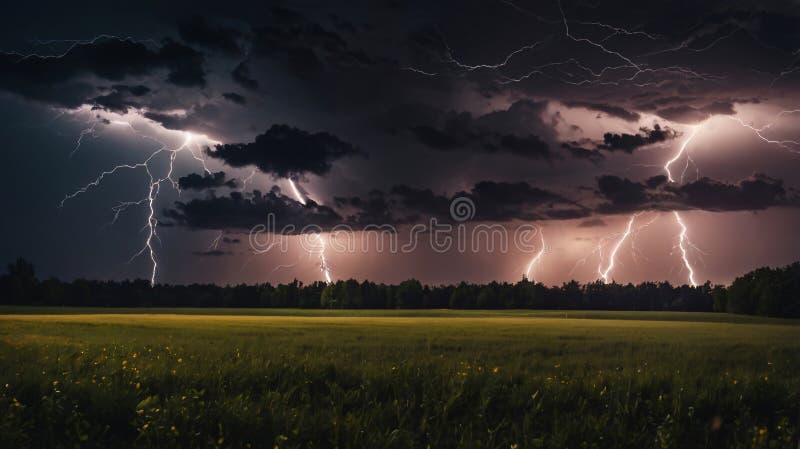 Thunder Storm Clouds with Lightning Strikes Across the Fields, Summer ...