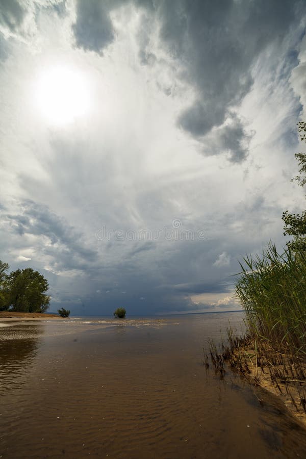 Thunder Storm or Storm Clouds with Rain Over Forest with River Stock ...