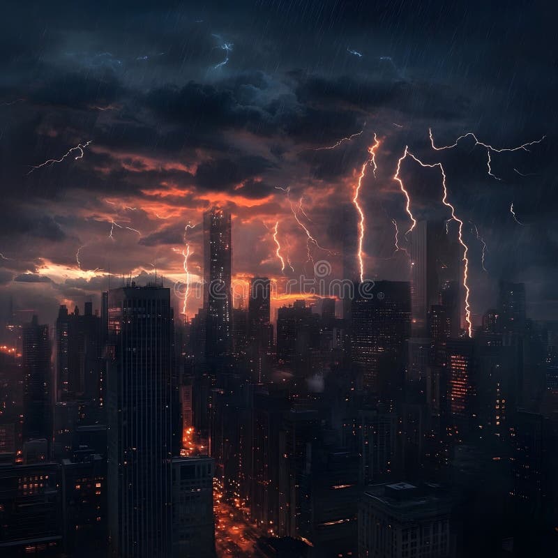 Thunder Storm with Orange Colour Lightning Over the City Stock ...