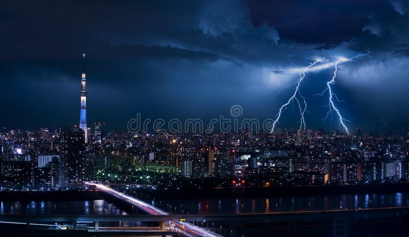Lightning storm over city stock photo. Image of dramatic - 54648446