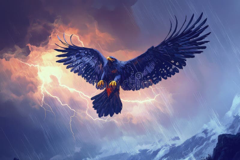 Thunderbird Flying Above Stormy Clouds, Dramatic Sky with Lightning ...