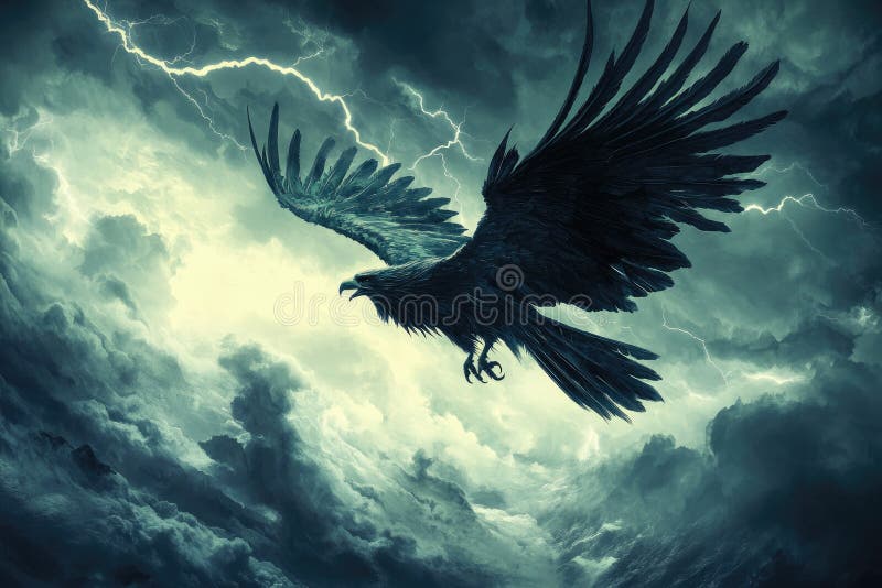 Thunderbird Flying Above Stormy Clouds, Dramatic Sky with Lightning ...